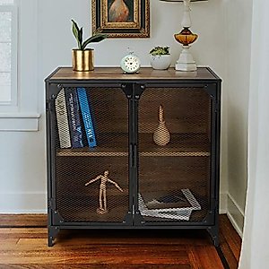MELLCOM Buffet Cabinet, Industrial Liquor Cabinet with Metal Mesh 2 Doors, Wooden Freestanding Storage Cabinet for Home, Living Room and Kitchen， Brown