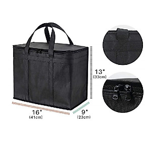 XL- Large insulated bags for food delivery with the bottom plate, reusable insulated shopping bags, 16x9x13 inches, The ideal pizza delivery bag. Black (Pack of 2)