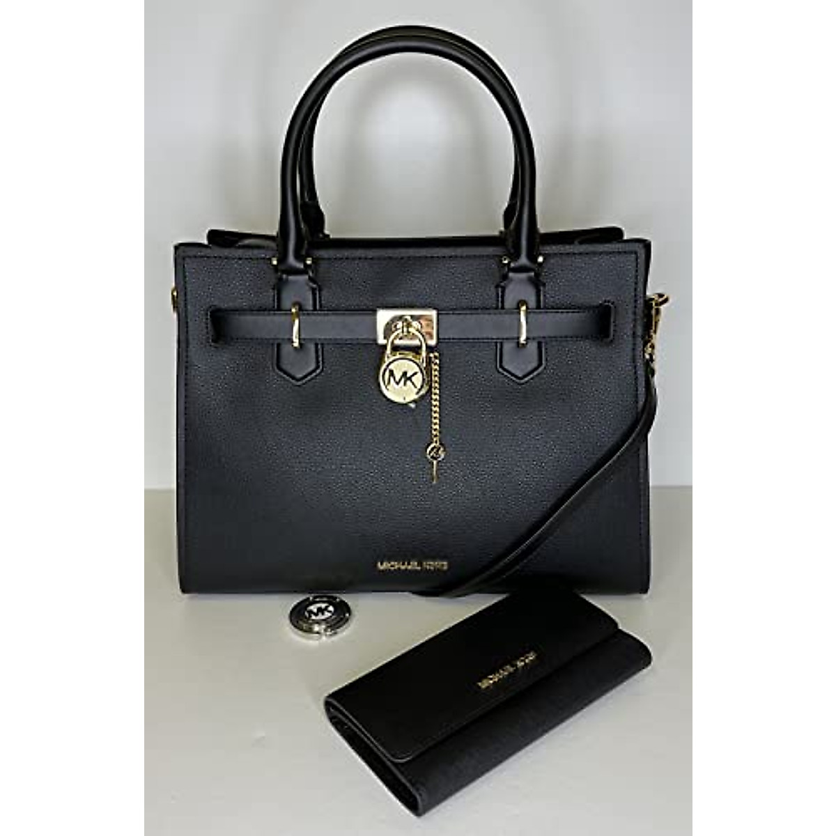 MICHAEL Michael Kors Hamilton MD Satchel bundled with Trifold Wallet and Purse Hook (Black)