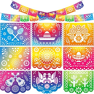 DomeStar 18 Feet Iridescent Mexican Party Banners, Plastic Papel Picado Fiesta Banner Cinco de Mayo Decor Fiesta Garland Dia De Los Muertos Mexican Party Supplies