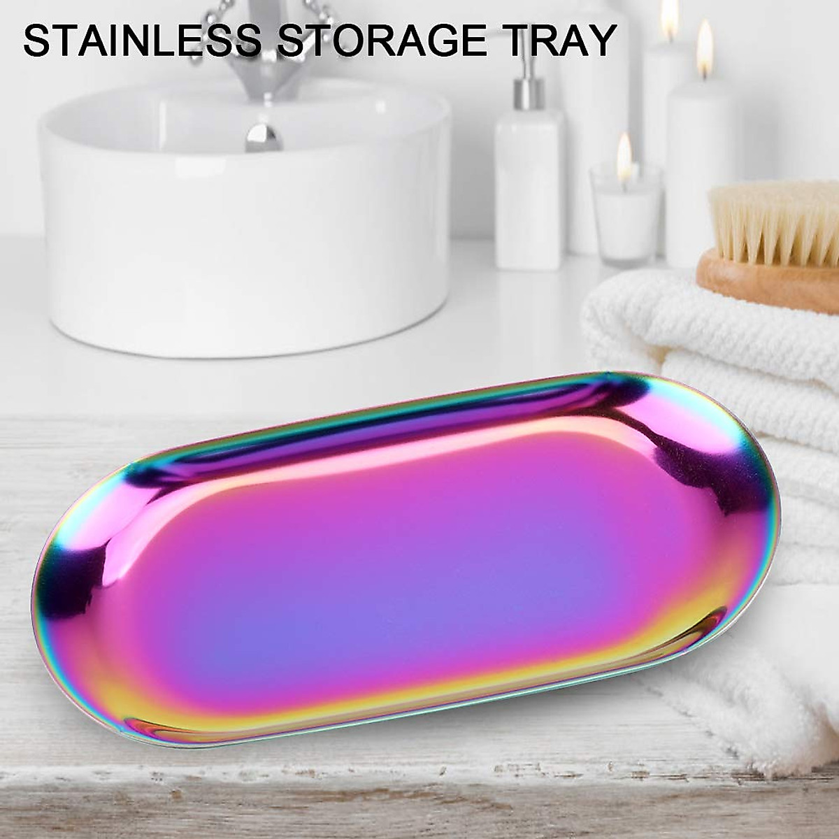 Fdit Nordic Style Storage Tray Cosmetics Jewelry Stainless Steel Cake Plate for Home Kitchen(Rainbow S)