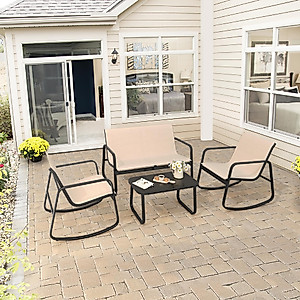 YITAHOME 4 Piece Patio Furniture Set, Small Backyard Bistro Rocking Chairs, Loveseat and Glass Table, Textilene Outdoor Conversation Set for Lawn, Garden, Balcony, Poolside (Brown)