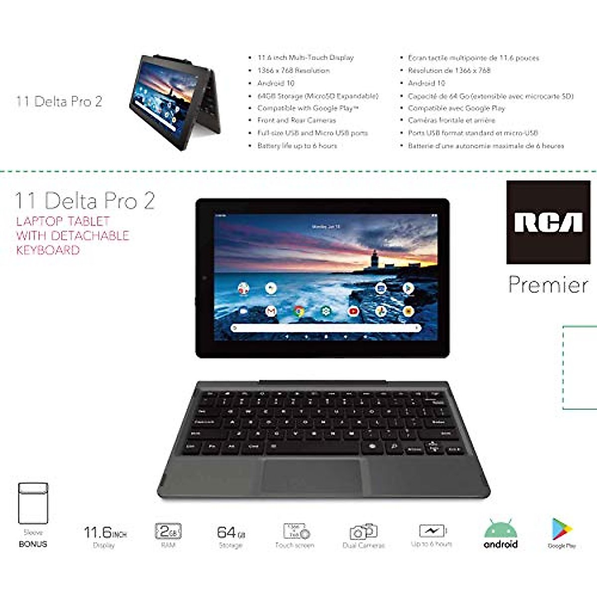 RCA 11 Delta Pro2 11.6 Inch Quad-Core 2GB RAM 64GB Storage IPS 1366 x 768 Touchscreen WiFi Bluetooth with Detachable Keyboard Android 10 Tablet Charcoal