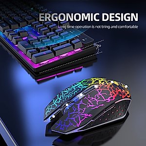 Wireless Gaming Keyboard and Mouse,Rechargeable Orange Backlit Keyboard Mouse with 3800mAh Battery,Mechanical Feel Gaming Keyboard,7 Color Gaming Mute Mouse,Gaming Mouse Pad for PC Gamer