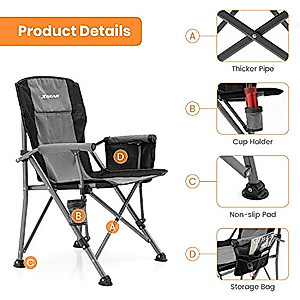 XGEAR Camping Chair with Padded Hard Armrest, Sturdy Folding Camp Chair with Cup Holder, Storage Pockets Carry Bag Included, Support to 400 lbs(Grey)