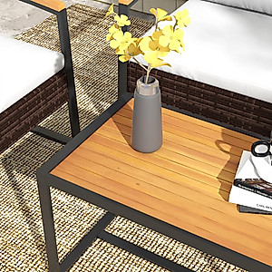 Outsunny 4 Piece Patio Furniture Set with 2 Chairs, Loveseat Sofa, Wood Table, Rattan Motifs, Tufted Cushions, Outdoor Conversation Set for Backyard, Lawn and Pool, White