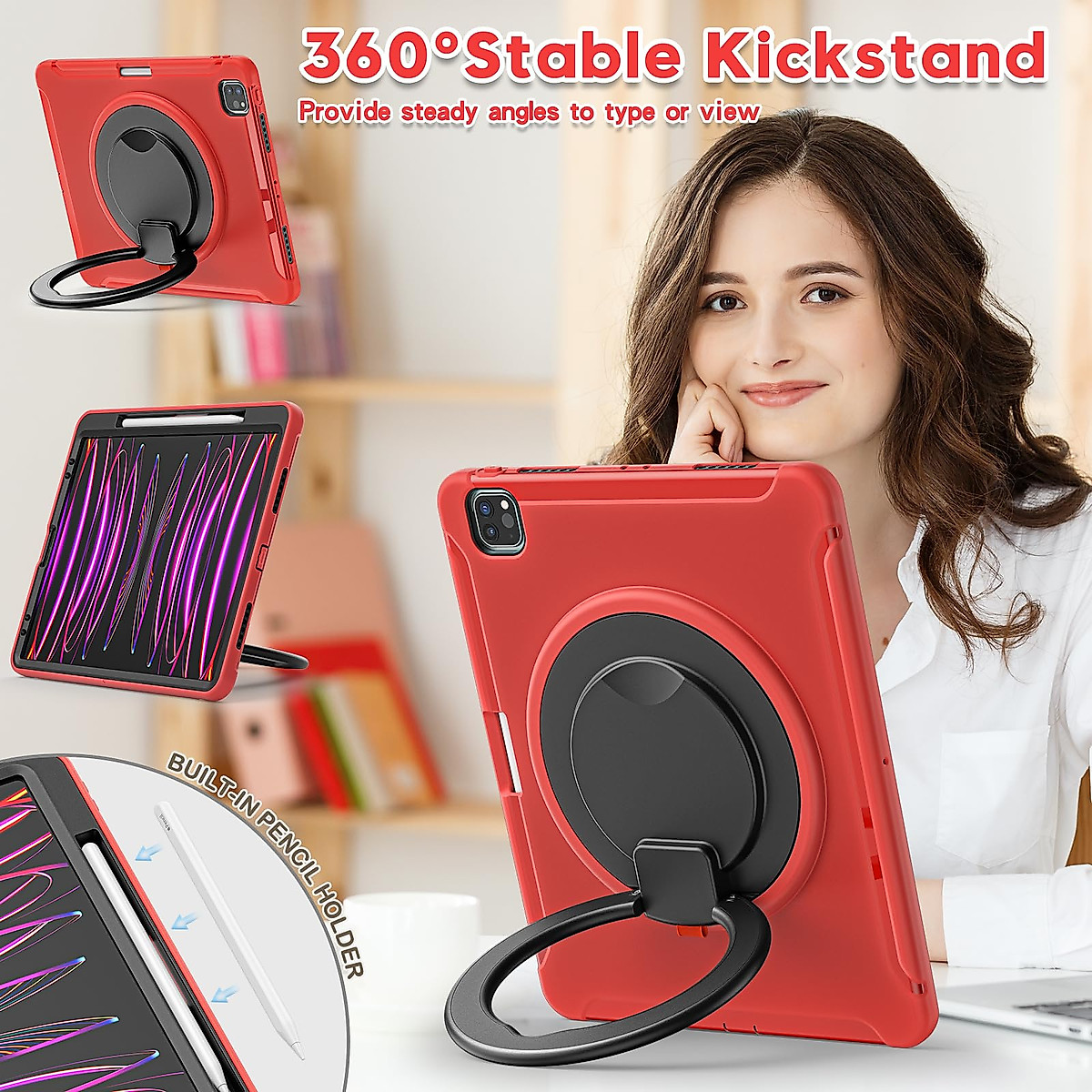 BATYUE iPad Pro 12.9 Case - Rugged Protective Case for iPad Pro 12.9-inch 6th/ 5th/ 4th/ 3rd Generation 2022/2021/ 2020/2018, iPad Pro 12.9 Cover with Pencil Holder/ 360° Swivel Stand - Red