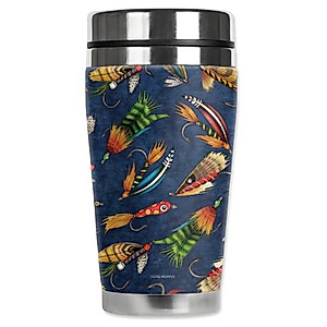 Mugzie Fly Fishing Lures Travel Mug with Insulated Wetsuit Cover, 16 oz, Black