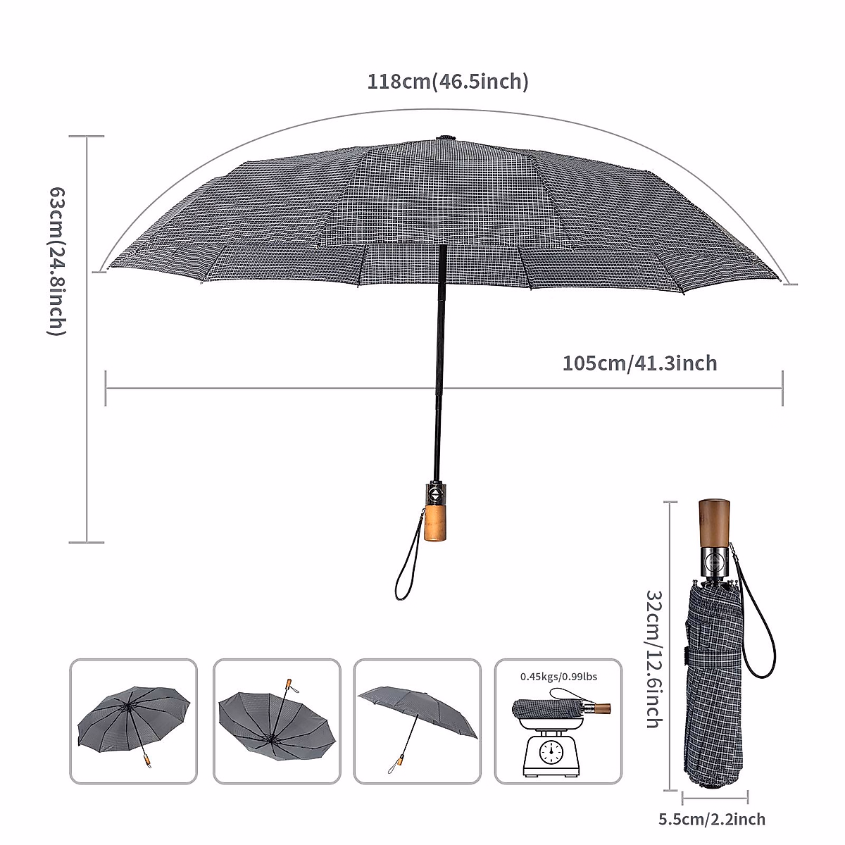 HOMILOOP Compact Folding Umbrella,10 Ribs Business Brolly,Automatic Opening,Compatible Rainy and Sunny Weathers,Vintage Plaid and Wooden Handle Parasol
