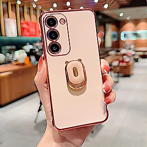 Samsung Galaxy S23 Case with Cute Bear Stand Ring Holder Full Camera Lens Protection Cover, Soft TPU Luxury Heart Plating Cases 360 Degree Rotate Kickstand Phone Case for Galaxy S23 6.1" 2023 (Pink)