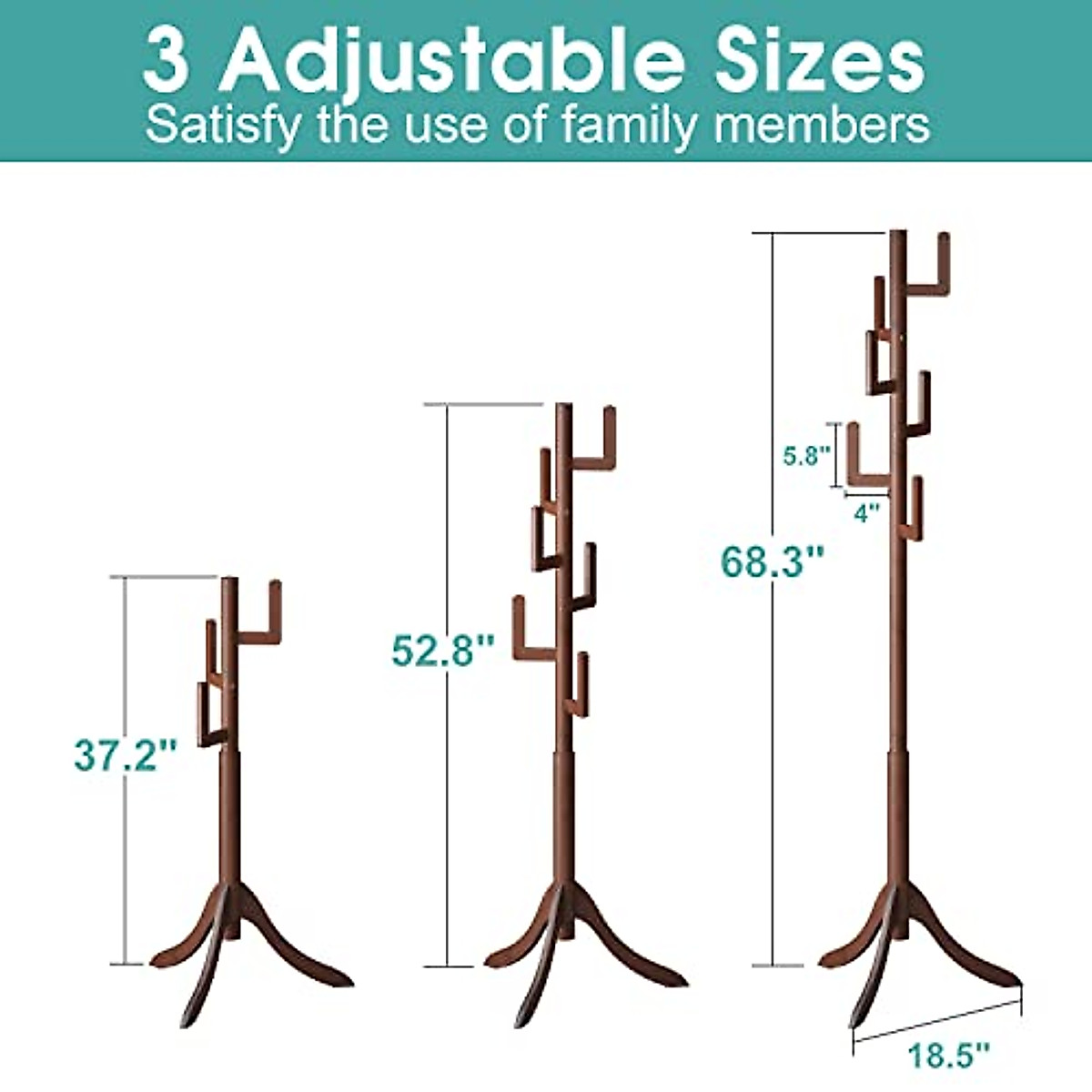 Vriccc Coat Rack Freestanding, Bamboo Cactus Coat Stand, Adjustable Height Wooden Coat Tree with 6 Hooks, kids coat rack, Used In The Bedroom Living Room, Office To Hang Clothes, Hats, Bags