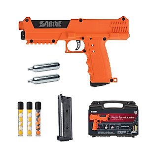 SABRE Pepper Spray Self Defense Launcher Pack, Home Security Defense Kit, Pepper Spray Gun with 7 Red Pepper Projectiles, 14 Inert Practice Projectiles, 2 CO2 Cartridges & Storage Case for Easy Carry