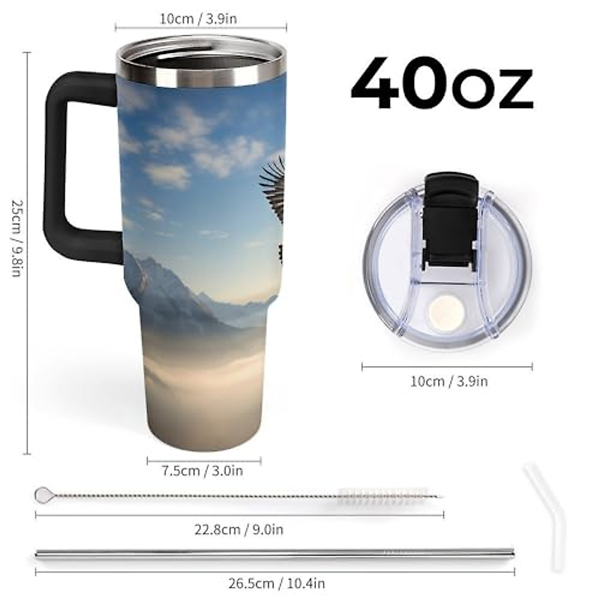 YTLKGFP 40 Oz Large Capacity Car Cup Eagle Mountains Tumbler with Handle (Black) Straw Lid Insulated Stainless Steel Water Bottle Travel Mug Leak-proof Car Cup Keeps Cold Or Hot