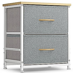 FEZIBO 2 Drawers Fabric Dresser, Nightstand for Bedroom, Small Storage Tower Organizer Unit for Closet Hallway Entryway Nursery Room, Steel Frame, Wood Top, Linen