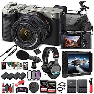 Sony Alpha a7C Mirrorless Digital Camera with 28-60mm Lens (Silver) ILCE7CL/S + 4K Monitor + Headphones + Pro Mic + 2 x 64GB Memory Card + 3 x NP-FZ-100 Battery + Corel Photo Software + More (Renewed)