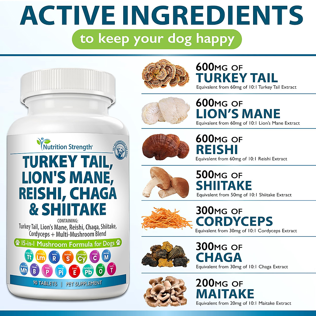 Nutrition Strength 15-in-1 Mushrooms for Dogs Turkey Tail 600mg Lion's Mane 600mg Reishi 600mg Shiitake 500mg Cordyceps 300mg Chaga 300mg Maitake 200mg Meshima Blazei Poria Enoki Portobello 90 Tablets