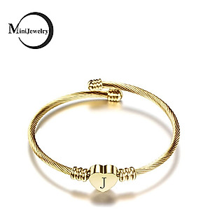MiniJewelry Gold Women Girls Letter J Initial Bracelets Love Heart Charm Alphabet Name Cuff Bangle Bracelet Stainless Steel