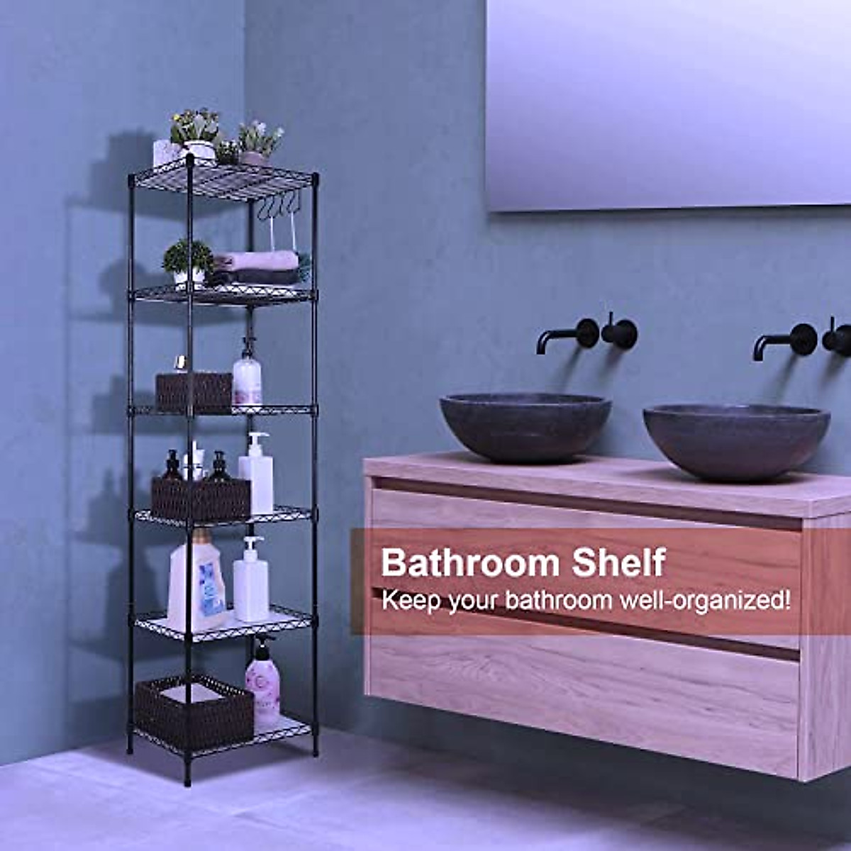 Best 6-Tier Wire Shelving - Black - Heavy Duty Shelf - Kitchen Storage Shelves, Wire Shelving Unit with Baskets Storage Rack Corner Shelf Shelving Adjustable Storage Shelf, 11.8" D x 15.7" W x 59" H