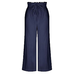 DOLKFU My Orders Placed Recently by me Flare Pants for Women Wide Leg Pants for Women High Waisted Drawstring Palazzo Linen Pants Casual Loose Trousers with Pockets Navy XL