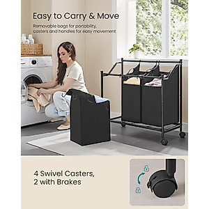 SONGMICS Laundry Sorter, Rolling Laundry Basket with 3 Removable Bags, Laundry Hamper, Laundry Cart, for Laundry Room, Bedroom, Bathroom, 3 x 11.9 Gallons, Ink Black URLS102B01