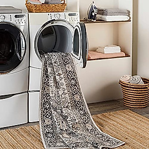 Hauteloom Cabacungan Traditional Persian Medallion Living Room Bedroom Area Rug - Machine Washable Distressed Carpet - Bohemian Oriental - Easy to Clean - Black, Grey, Beige - 9'3" x 12'