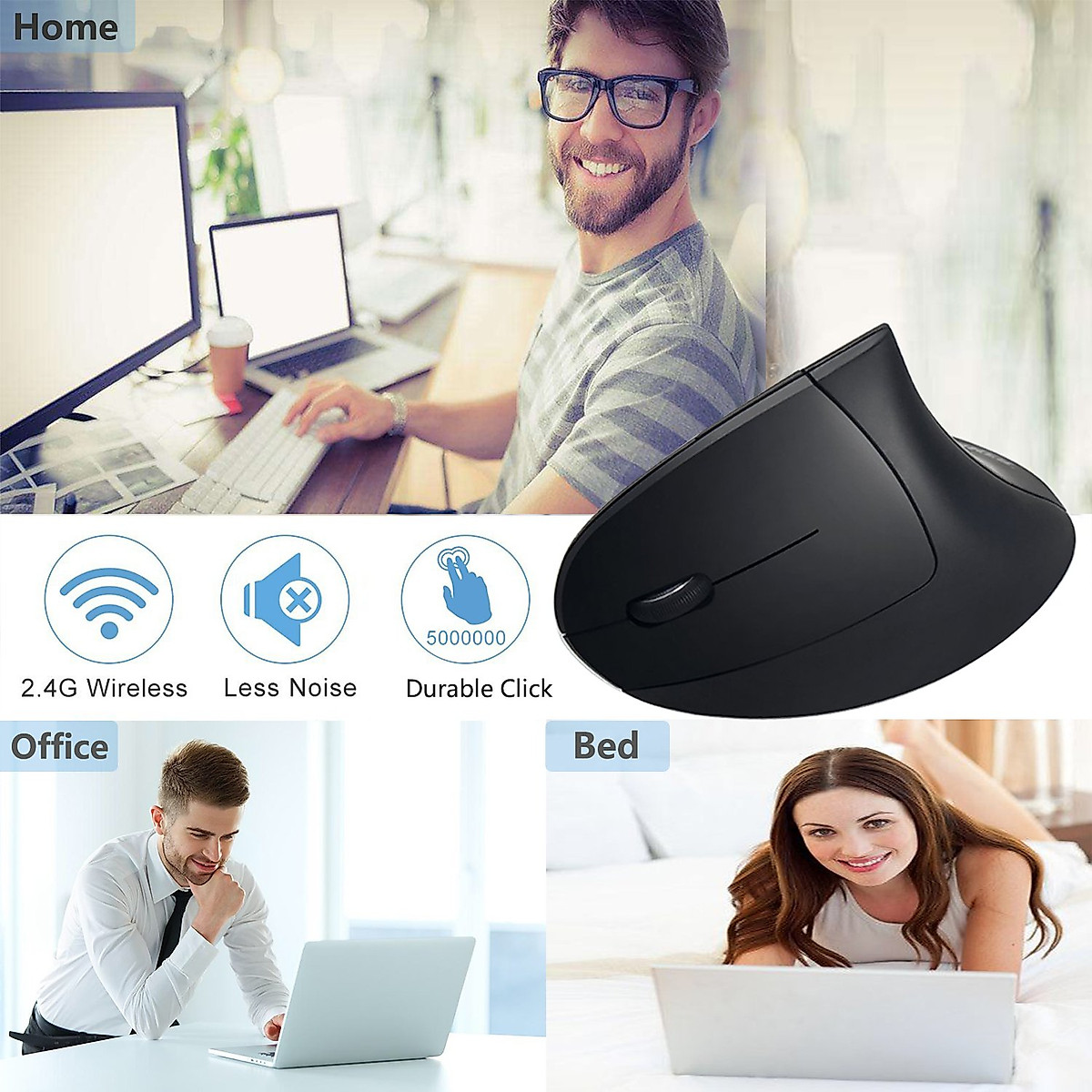 Lekvey Left Handed Mouse, Wireless 2.4 GHz USB Lefty Left Hand Ergonomic Vertical Mouse, Less Noise - Black