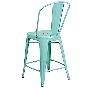 Merrick Lane Stella 24" Metal Indoor-Outdoor Counter Stool with Vertical Slat Back and Integrated Footrest in Mint Green