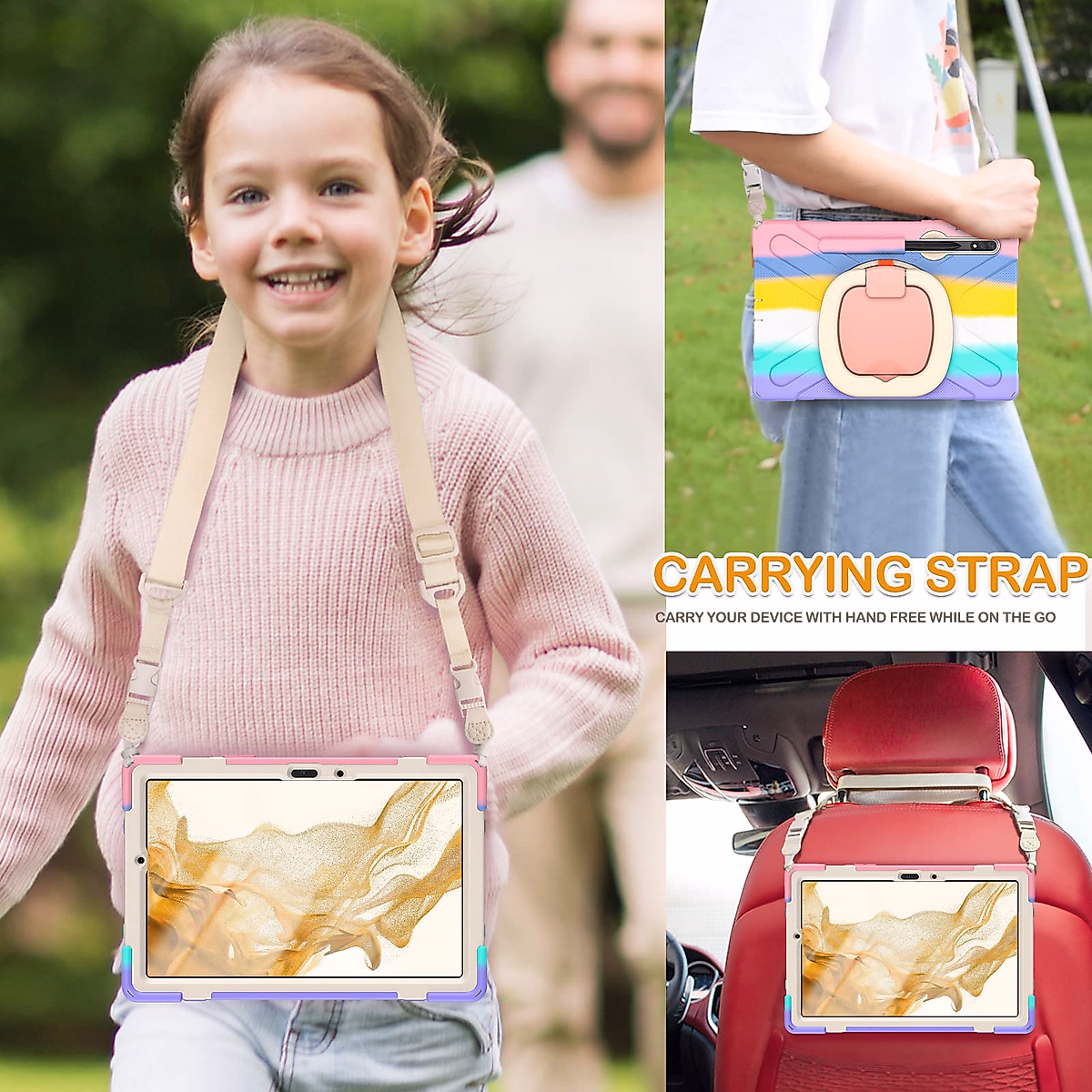 BRAECN Case for Galaxy Tab S9/S8/S7 11 Inch SM-X710/X700/T870, Rugged Silicone Cover with Stable Kickstand, S Pen Holder, 360°Rotating Handel Grip, Shoulder Strap for Galaxy Tab S9 2023, Colorful Pink