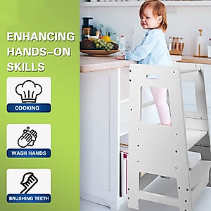 ECOMEX Standing Tower for Toddlers, Toddler Stool for Kitchen Counter Kids Kitchen Step Stool with Safety Rail Toddler Standing Tower with Adjustable Platform for Kitchen Counter, Elegant White