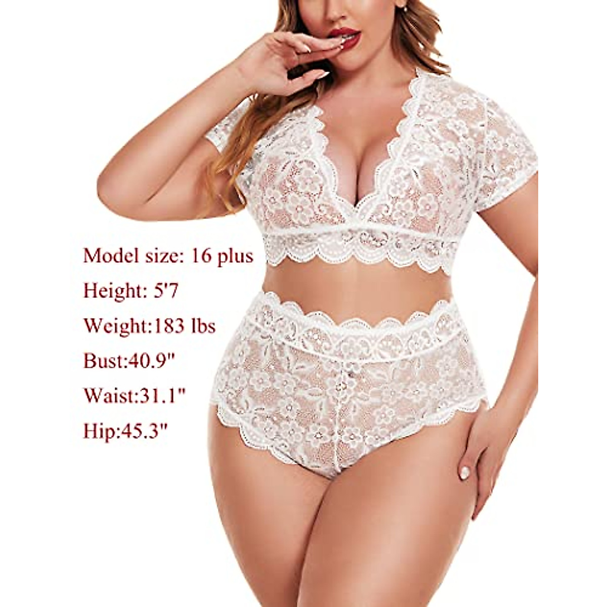 Avidlove Wedding Lingerie for Bride Plus Floral Lace Scallop Trim Lingerie Set Deep V Allover Lace Bra Panties Set Sexy Clubwear (18 Plus, White)