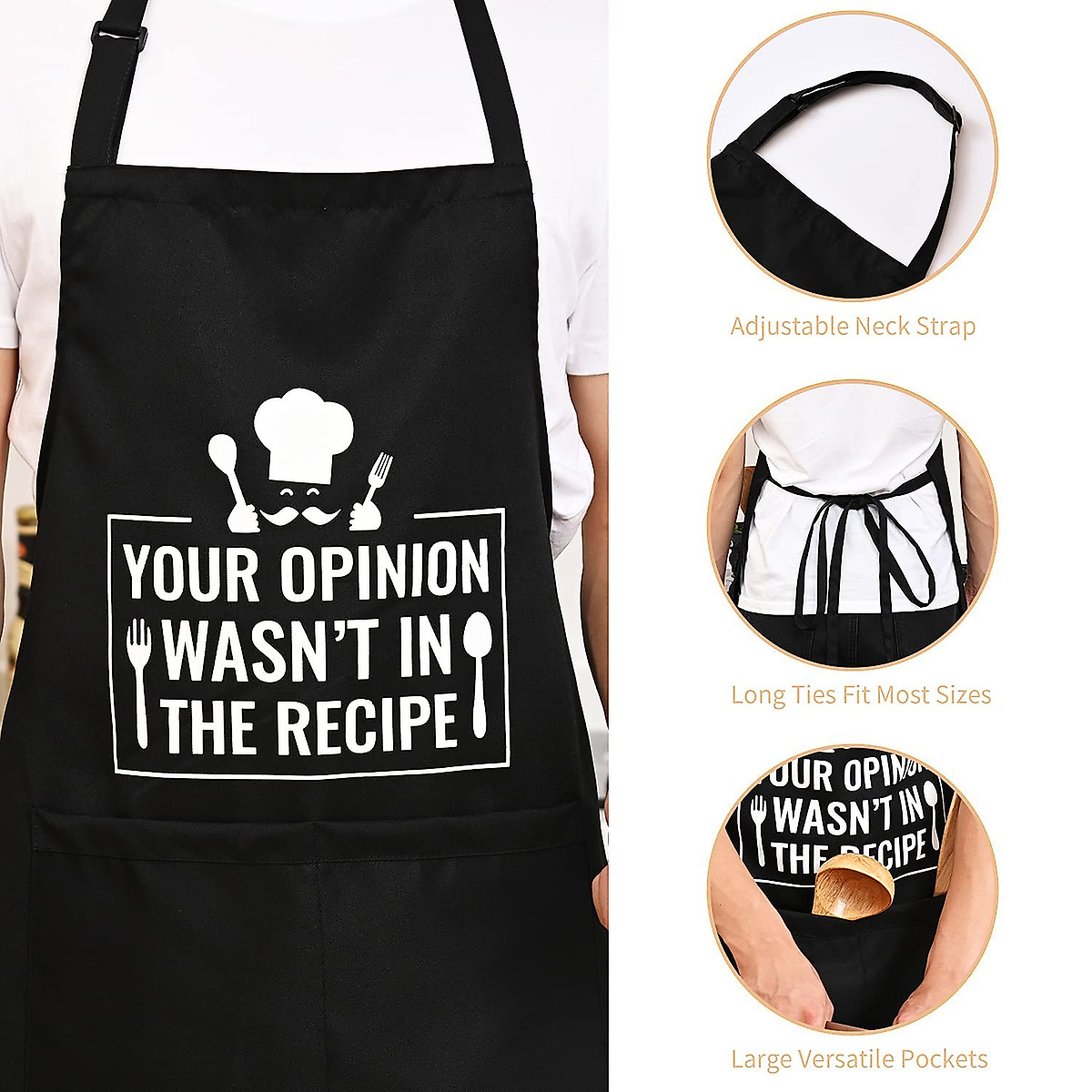 Funny Black Aprons for Men Women with 2 Pockets-Your Opinion Wasn’t in The Recipe, Adjustable Bib,Kitchen Cooking Grilling BBQ Apron,Birthday Gifts for Husband, Dad, Boyfriend, Son, Friends