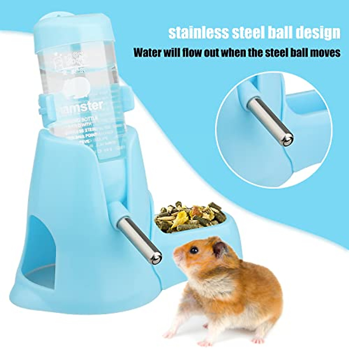 Hamster Water Bottle, [3 in 1-2.7oz] Diyife Guinea Pig Water Bottle No Drip, 80ml Small Animal Auto Dispenser with Food Container Base for Hamster Bunny Chinchilla Squirrel, Small Pets (Blue)