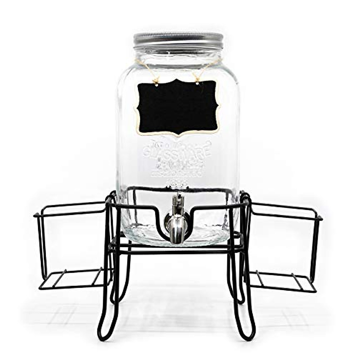 1 Gallon Glass Drink Dispenser | 100% Leakproof Stainless Steel Spigot | Sturdy Metal Stand, Chalkboard, Cup Holder | Great for Outdoor Parties | Perfect for Cold Drinks & Laundry Detergent