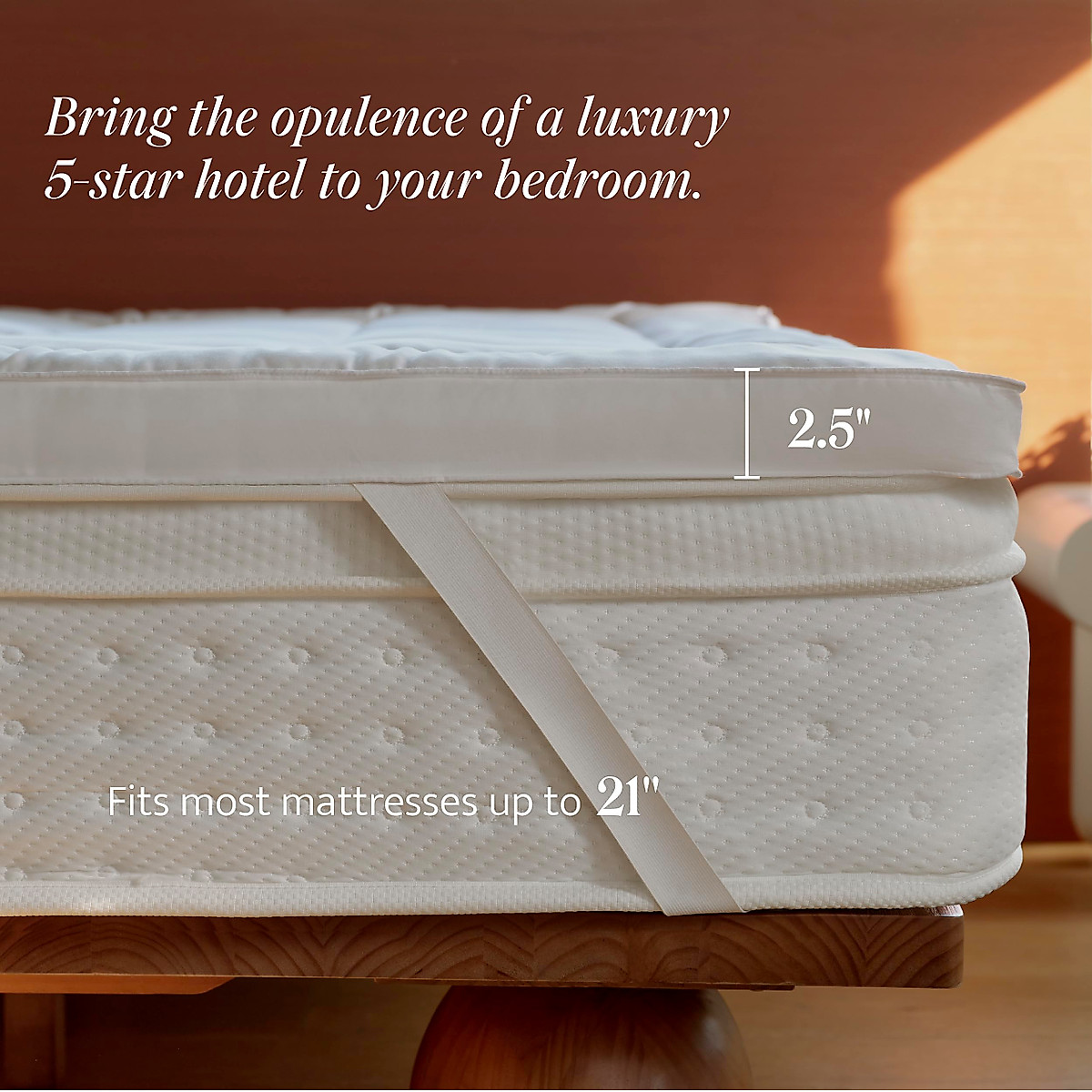 Double Stitch Cooling Mattress Topper - Soft 300 Thread Count Tencel Lyocell Cotton Blend, Elastic Straps Stretch Up to 21 Inch, Breathable Down Alternative Fill Pillowtop Mattress Pad - King