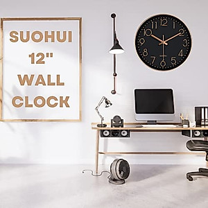 SUOHUI 12 Inch Silent Wall Clock Non-Ticking Modern Style Wall Clocks Battery Operated for Home/Bedroom/Office/Classroom/School/Living Room Decor(Golden Frame Black Dial)