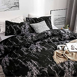 Faincy Queen Size Comforter Set, Black Marble Pattern Print Reversible Down Alternative Bed Sets - 90 x 90 3PC Soft Microfiber Duvet Modern Bedding in a Bag for Women Men