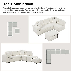 P PURLOVE Pull-Out Sofa Bed, Chenille L-Shaped Sectional Sofa Couch with a Movable Ottoman, 2 USB Ports and 2 Cup Holders for Living Room (Beige)