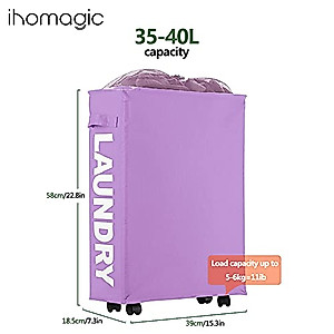 IHOMAGIC 40L Laundry Hamper Collapsible Fabric for Hotel, Freestanding Flexible Laundry Sorter on Wheels - Slim Storage Bag, Decorative Laundry Baskets for Books, Sundries Storage (Purple)