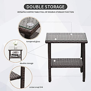 Outdoor PE Wicker Rocking Chair 3-Piece Patio Rattan Bistro Set 2 Rocker Armchair and Glass Coffee Side Table Furniture, Washable Lacing Cushion (Turquoise)