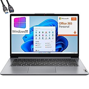 Lenovo IdeaPad 1i 14" Laptop Computer, Quad-Core Intel Pentium Silver N5030 Processor, 4GB DDR4 RAM, 128GB eMMC, WiFi 6, Bluetooth 5.1, Cloud Grey, Windows 11 S, BROAG USB Extension Cable