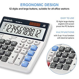 Calculator Extra Large Display Solar Big Buttons 12 Digits Desktop Calculator with Round-up, Memory Function (OS-200ML)