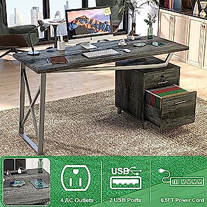 Homieasy Computer Desk with File Cabinet & Charging Station, Heavy Duty Home Office Executive Desk with Storage Drawers, Sturdy Spacious Workstation with Power Strip Cable Grommets, Black Oak