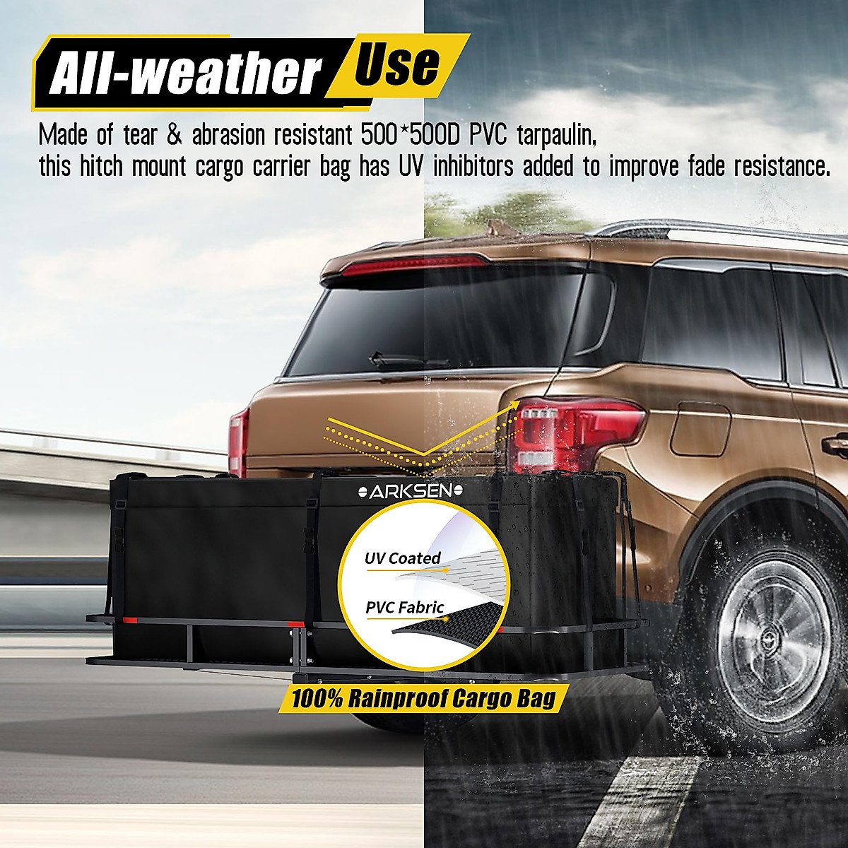 ARKSEN Hitch Cargo Carrier Bag for 20" x 60" Baskets Waterproof 15 Cubic Feet Large Capacity Luggage Storage (58" L x 19" W x 24" H) for Car Truck SUV RV or Trailer