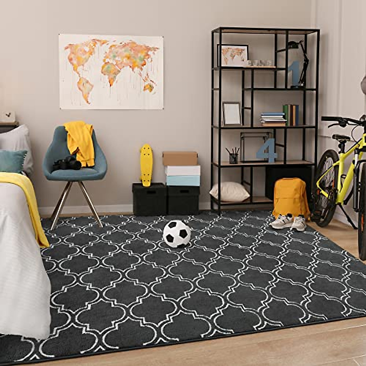Chicrug Shag Geometric Modern Area Rug for Bedroom, 5x7 Feet Memory Foam Indoor Carpet, Fluffy Rug for Living Room Bedside Room Decor for Family Girls Kids Nursery Play Mat, Dark Grey/White