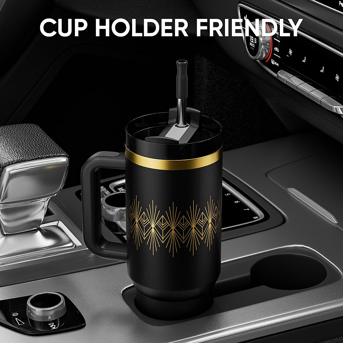 KEWIXY 40 oz Tumbler With Handle and Straw, Gloss Insulated Travel Tumbler, Fits in Cup Holder, Travel Coffee Mug with Lid, Included Leak Proof Straw Cover -Art Lines