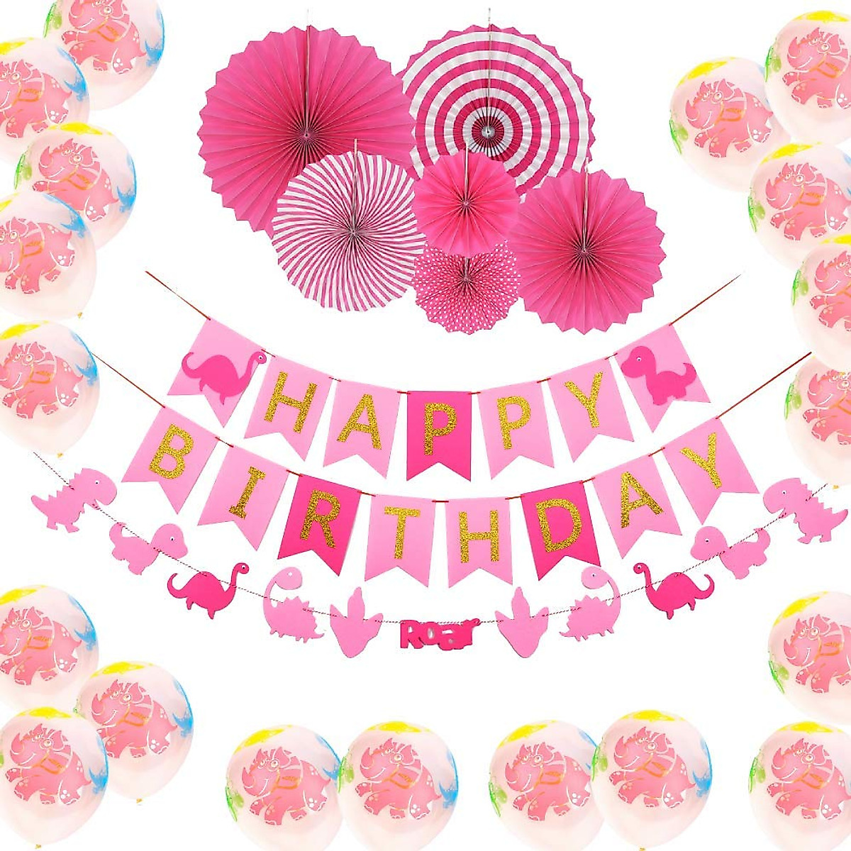 Dinosaur Party Decorations for Baby Girls-1 Happy Birthday Banner, 1 Dino-mite Garland,6 Pink Paper Fans, 12 Dino Balloons-Birthday Supplies and Favors for Kid's Christmas Thanksgiving 1st 2nd 3rd