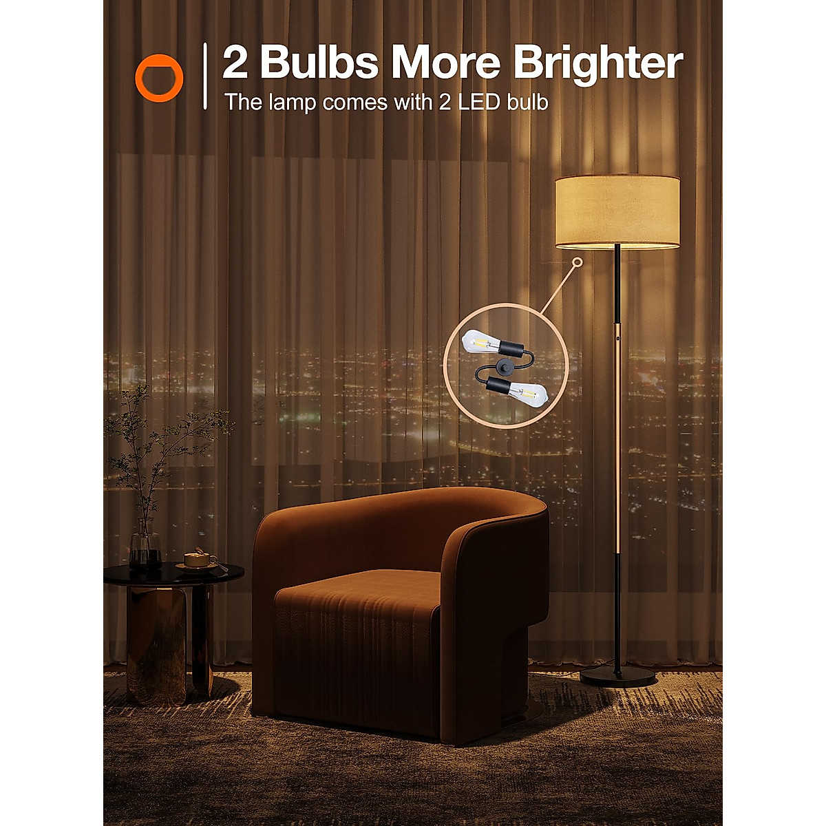 addlon Floor Lamps for Living Room, dimmable Floor lamp with 2 LED Bulbs, Super Large lampshade Modern Standing lamp, Bright Tall Floor lamp for Bedroom and Office (Adjustable Brightness) - Black