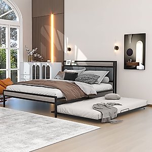 Anwick Metal Platform Bed Frame with Twin Size Trundle, Upholstered headboard, Sockets, USB Ports and Slat Support, No Box Spring Needed