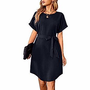 HOTOUCH Women's Summer Dress Short Sleeve Casual Tie Waist Tunic Dress Navy Blue