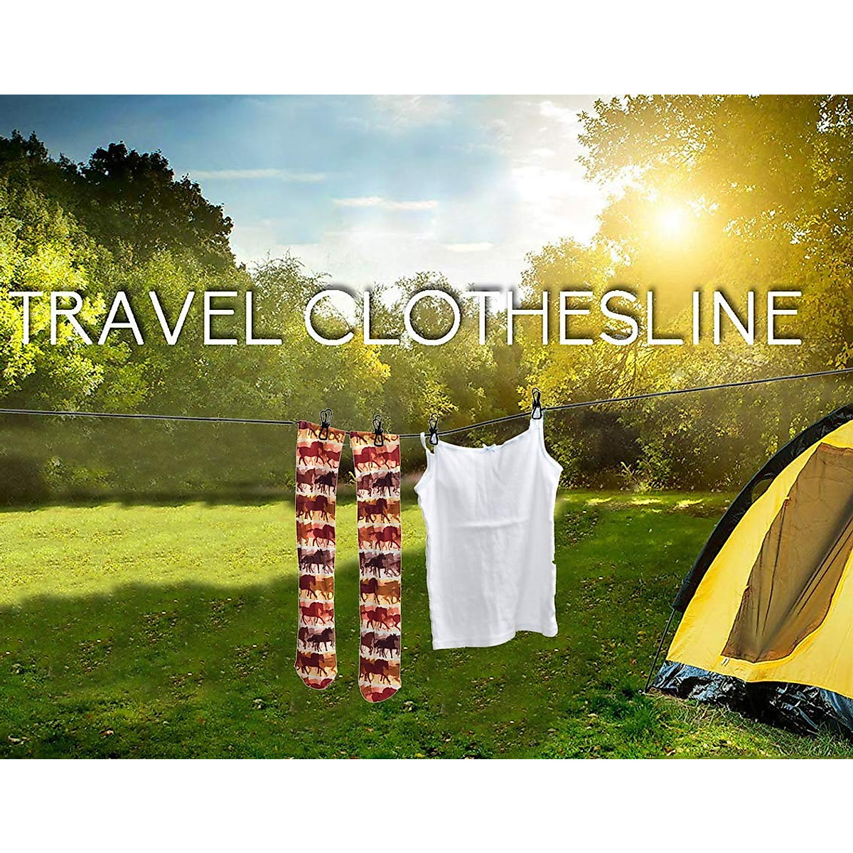 Home-X Portable Travel Bungee Clothesline 10pcs Clothespin, Travel Elastic Clothesline Camping Clothes Lines Adjustable Clothes Rope Portable Clothesline with Clips for Outdoor Wind-Proof Clothesline